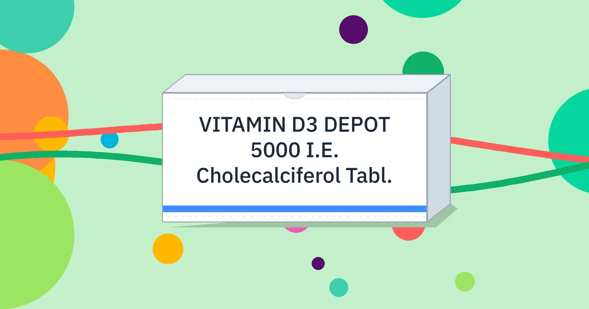 Symbolbild: Packung mit der Aufschrift VITAMIN D3 DEPOT 5000 I.E. Cholecalciferol Tabl. (PZN 18237613) – Verfügbarkeit und Bezug in Apotheken in Frankfurt am Main