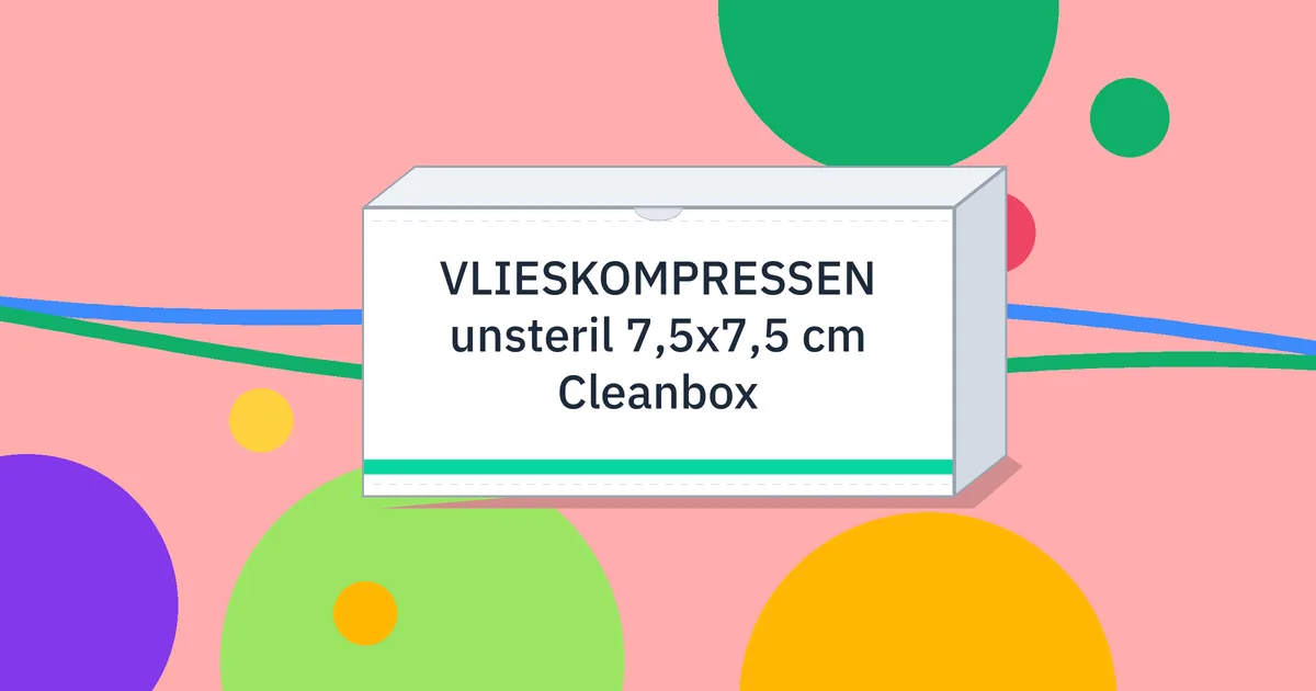Symbolbild: Packung mit der Aufschrift VLIESKOMPRESSEN unsteril 7,5x7,5 cm Cleanbox (PZN 17562239) – Verfügbarkeit und Bezug in Apotheken in Frankfurt am Main