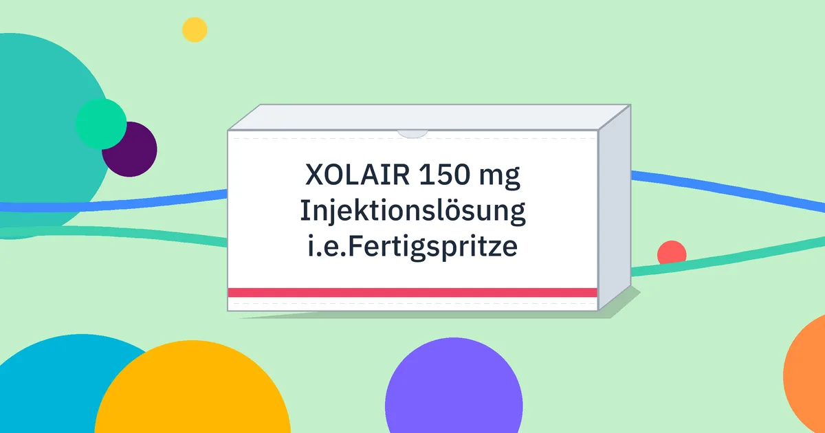 Symbolbild: Packung mit der Aufschrift XOLAIR 150 mg Injektionslösung i.e.Fertigspritze (PZN 17147701) – Verfügbarkeit und Bezug in Apotheken in Frankfurt am Main