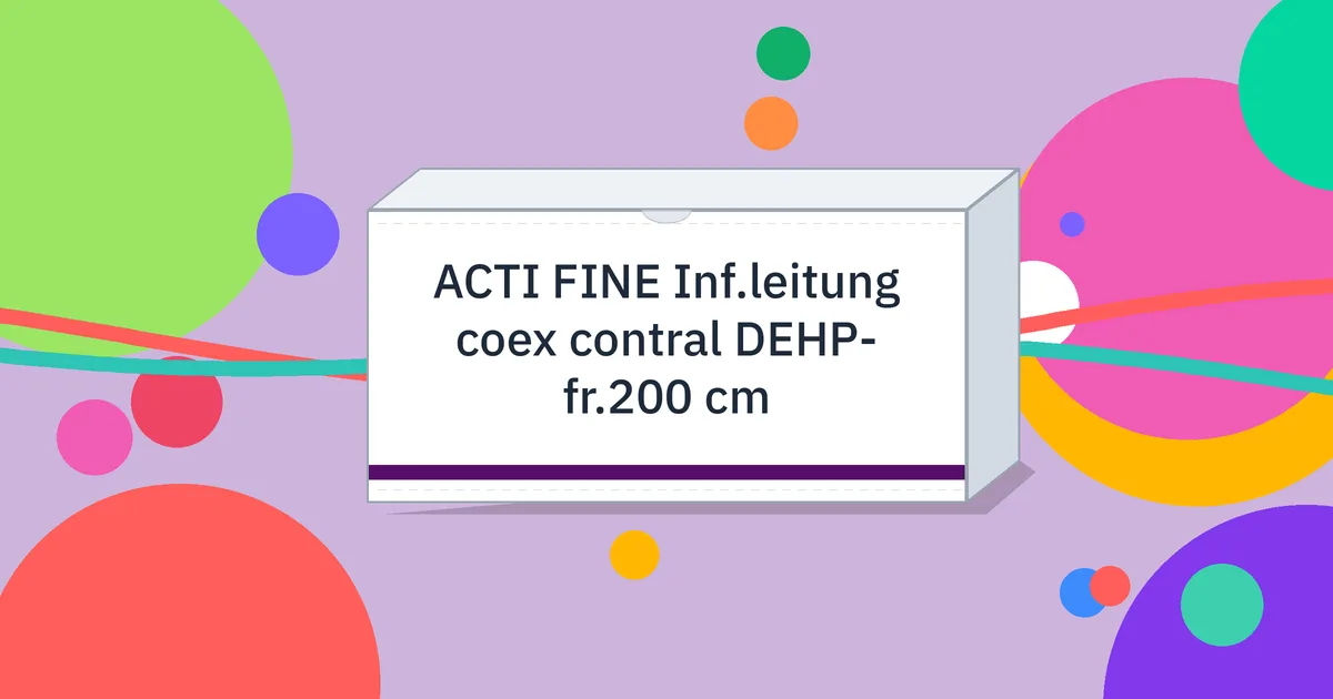 Symbolbild: Packung mit der Aufschrift ACTI FINE Inf.leitung coex contral DEHP-fr.200 cm (PZN 10538930) – Verfügbarkeit und Bezug in Apotheken in Frankfurt am Main