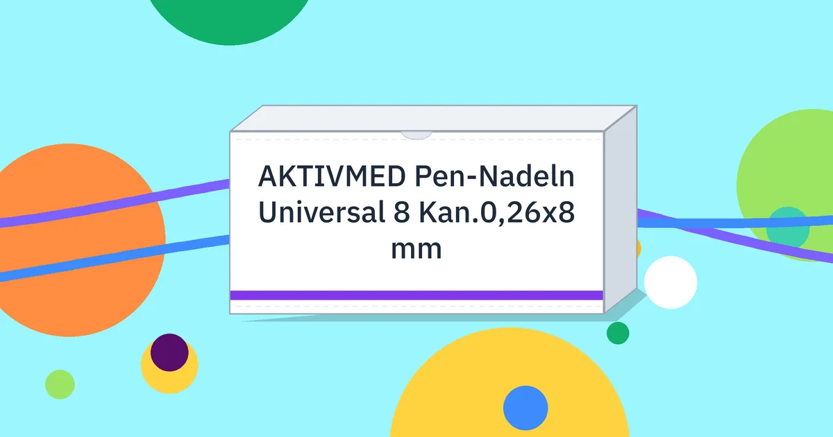 Symbolbild: Packung mit der Aufschrift AKTIVMED Pen-Nadeln Universal 8 Kan.0,26x8 mm (PZN 19768198) – Verfügbarkeit und Bezug in Apotheken in Frankfurt am Main