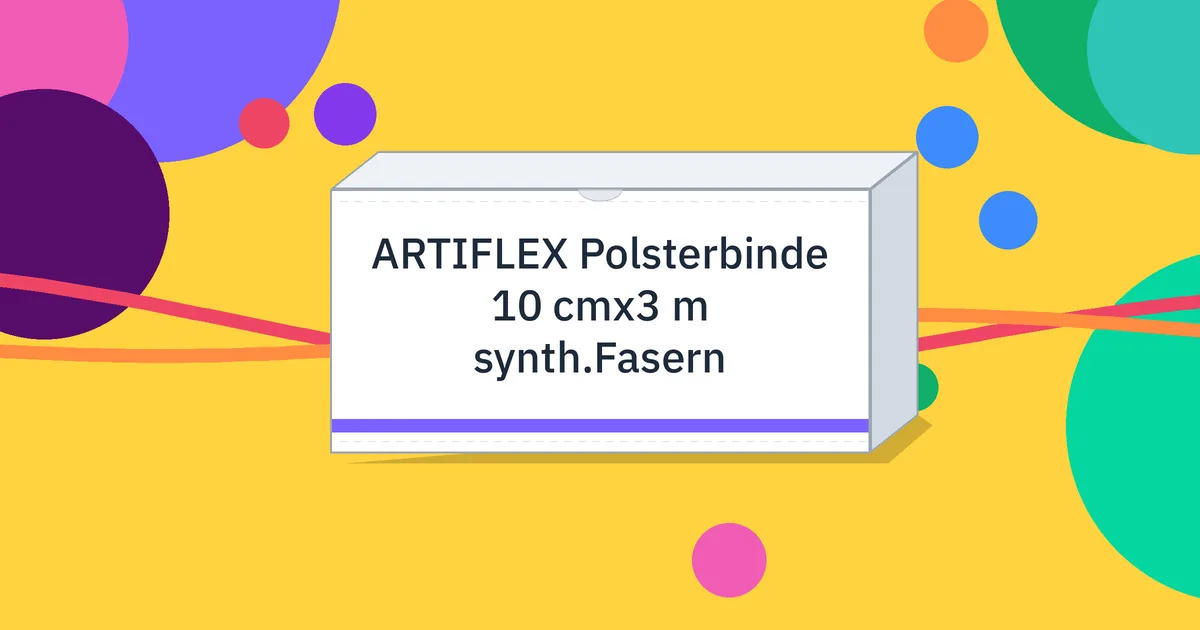 Symbolbild: Packung mit der Aufschrift ARTIFLEX Polsterbinde 10 cmx3 m synth.Fasern (PZN 19814691) – Verfügbarkeit und Bezug in Apotheken in Frankfurt am Main
