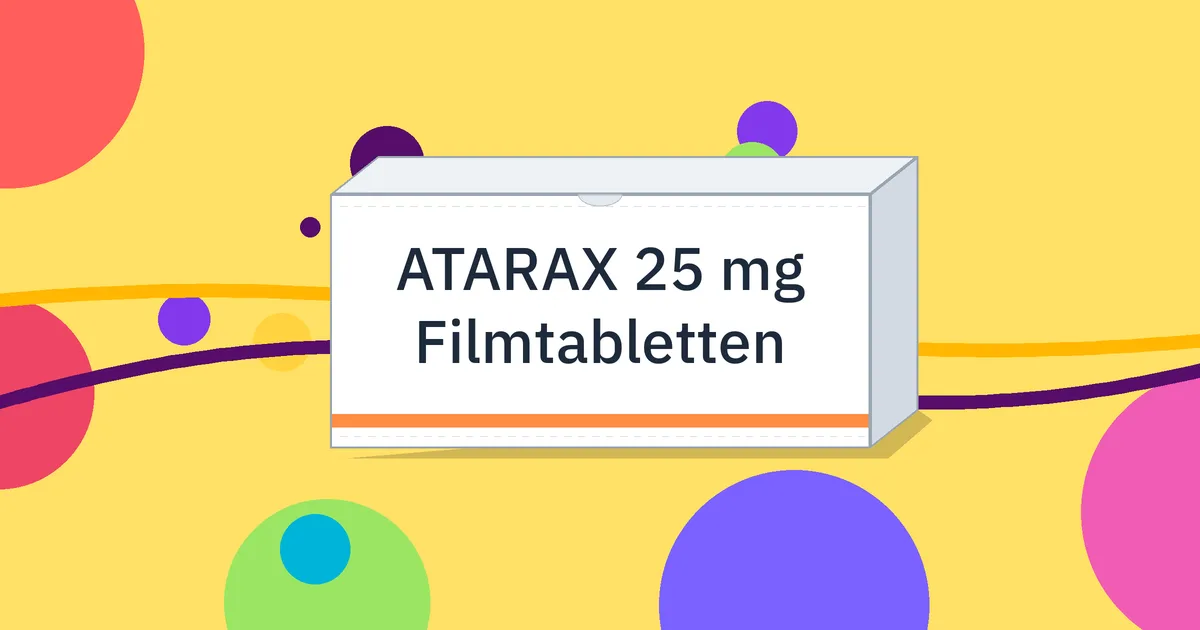 Symbolbild: Packung mit der Aufschrift ATARAX 25 mg Filmtabletten (PZN 11340934) – Verfügbarkeit und Bezug in Apotheken in Frankfurt am Main