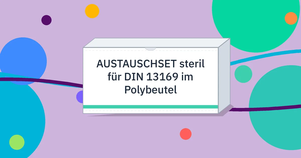Symbolbild: Packung mit der Aufschrift AUSTAUSCHSET steril für DIN 13169 im Polybeutel (PZN 12491670) – Verfügbarkeit und Bezug in Apotheken in Frankfurt am Main