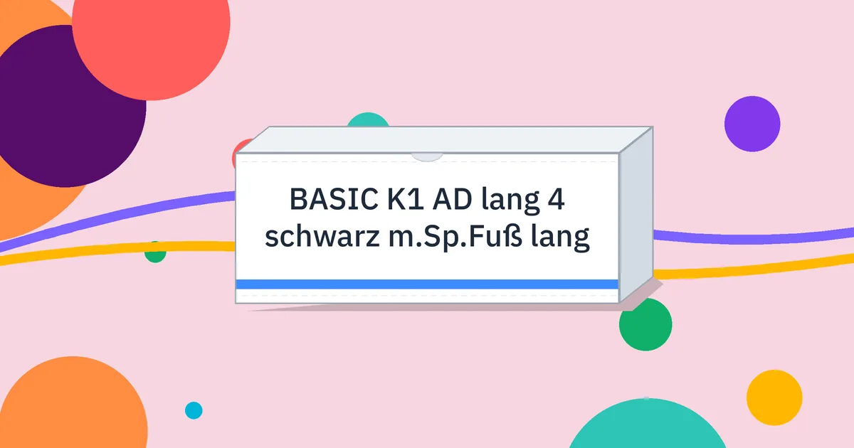 Symbolbild: Packung mit der Aufschrift BASIC K1 AD lang 4 schwarz m.Sp.Fuß lang (PZN 20258189) – Verfügbarkeit und Bezug in Apotheken in Frankfurt am Main