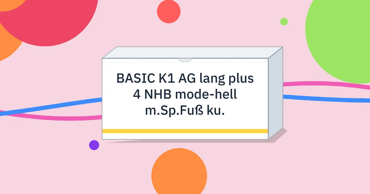 Symbolbild: Packung mit der Aufschrift BASIC K1 AG lang plus 4 NHB mode-hell m.Sp.Fuß ku. (PZN 20260950) – Verfügbarkeit und Bezug in Apotheken in Frankfurt am Main