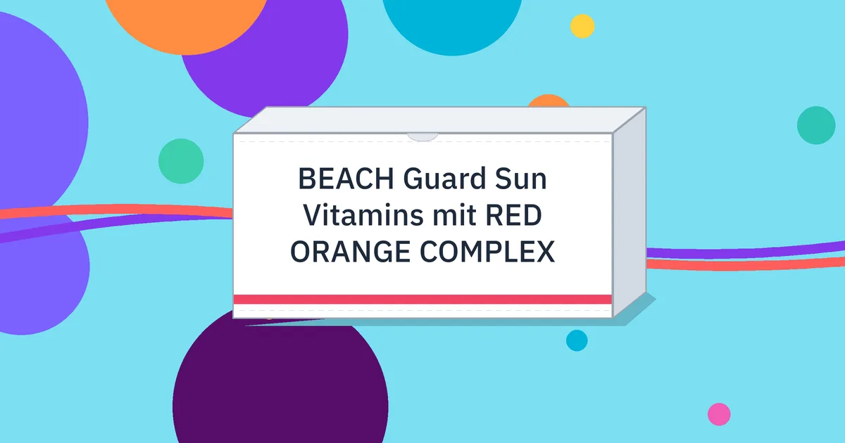 Symbolbild: Packung mit der Aufschrift BEACH Guard Sun Vitamins mit RED ORANGE COMPLEX (PZN 18800327) – Verfügbarkeit und Bezug in Apotheken in Frankfurt am Main