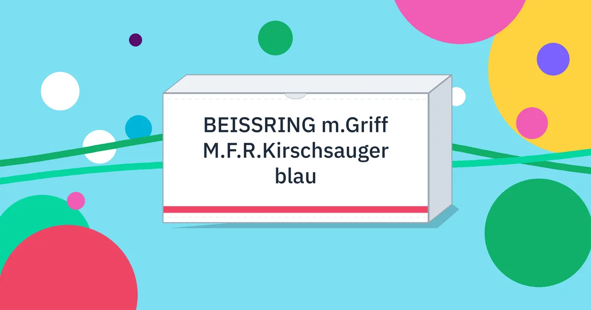 Symbolbild: Packung mit der Aufschrift BEISSRING m.Griff M.F.R.Kirschsauger blau (PZN 01724326) – Verfügbarkeit und Bezug in Apotheken in Frankfurt am Main