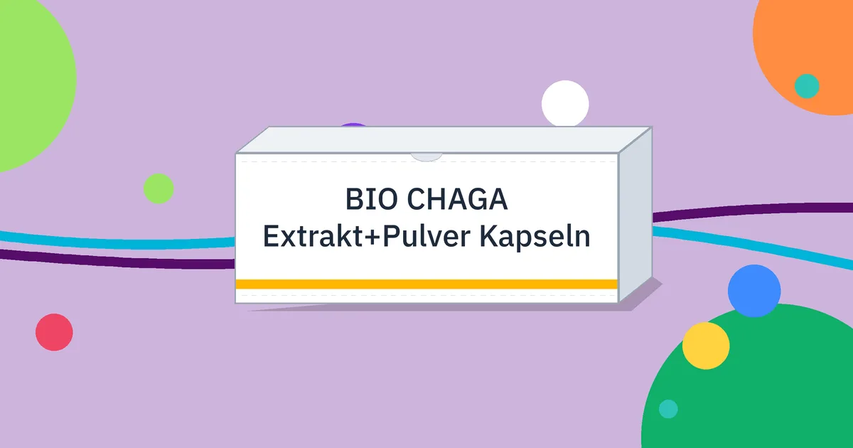 Symbolbild: Packung mit der Aufschrift BIO CHAGA Extrakt+Pulver Kapseln (PZN 19892774) – Verfügbarkeit und Bezug in Apotheken in Frankfurt am Main