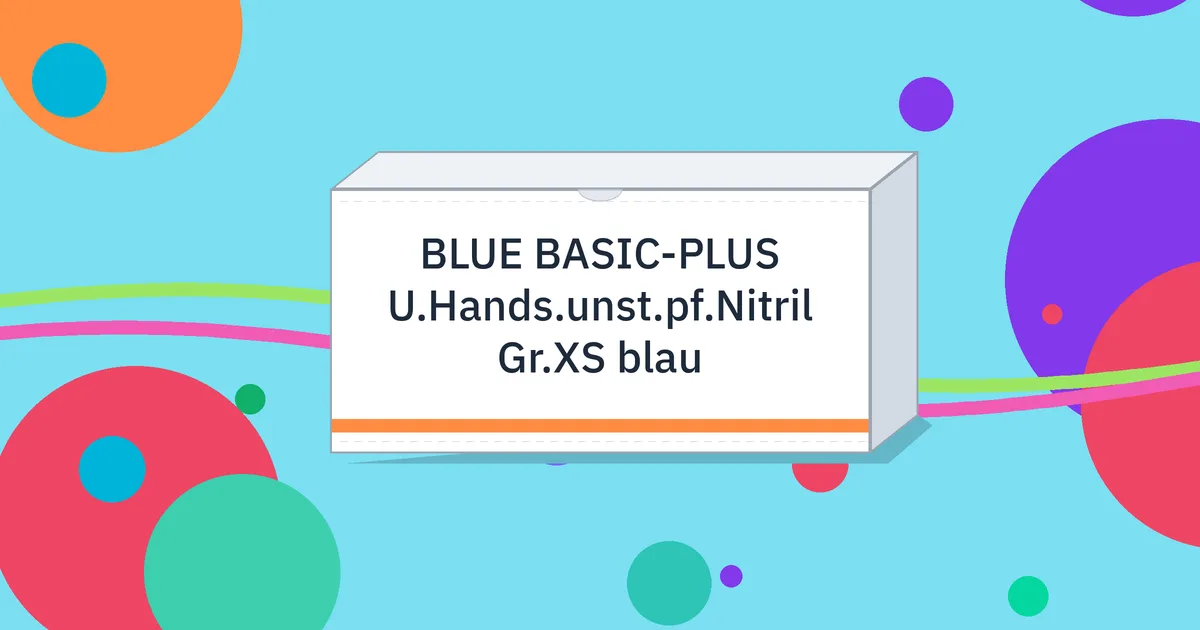 Symbolbild: Packung mit der Aufschrift BLUE BASIC-PLUS U.Hands.unst.pf.Nitril Gr.XS blau (PZN 11237194) – Verfügbarkeit und Bezug in Apotheken in Frankfurt am Main