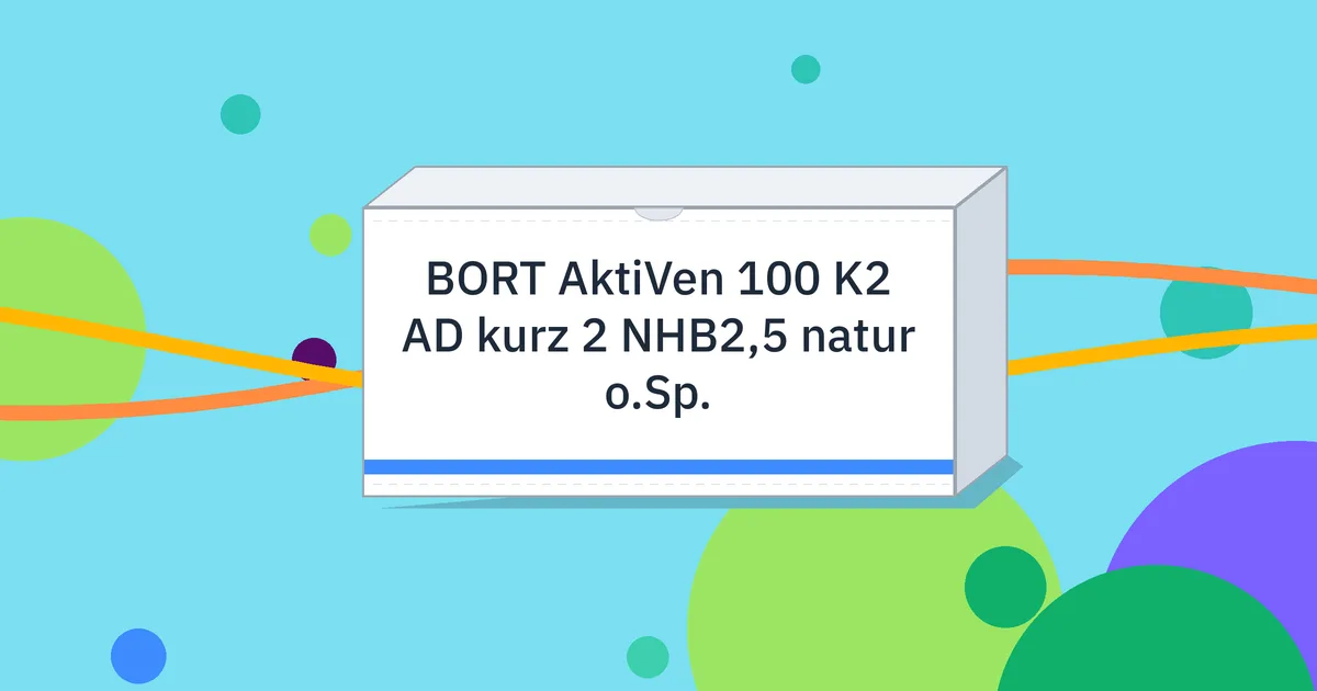 Symbolbild: Packung mit der Aufschrift BORT AktiVen 100 K2 AD kurz 2 NHB2,5 natur o.Sp. (PZN 17498659) – Verfügbarkeit und Bezug in Apotheken in Frankfurt am Main