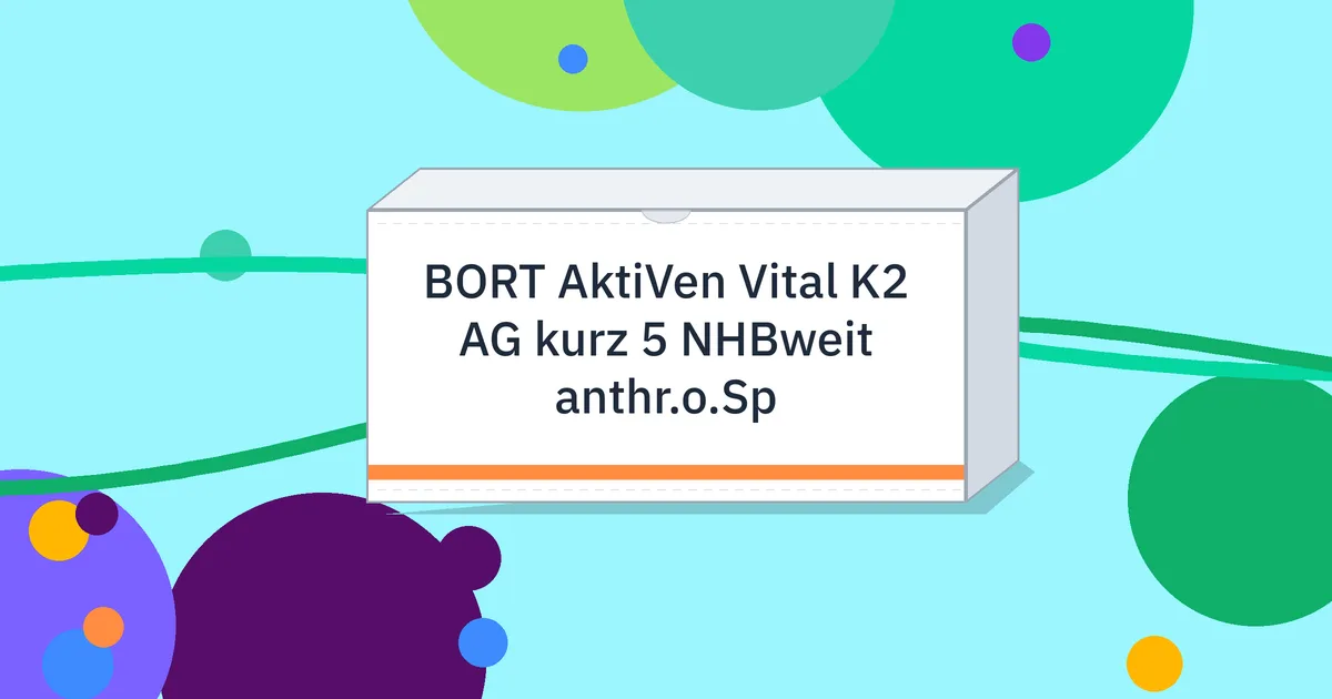 Symbolbild: Packung mit der Aufschrift BORT AktiVen Vital K2 AG kurz 5 NHBweit anthr.o.Sp (PZN 13734413) – Verfügbarkeit und Bezug in Apotheken in Frankfurt am Main
