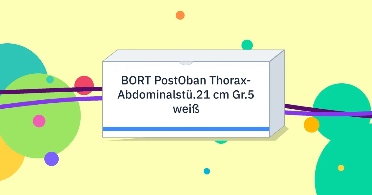 Symbolbild: Packung mit der Aufschrift BORT PostOban Thorax-Abdominalstü.21 cm Gr.5 weiß (PZN 02768320) – Verfügbarkeit und Bezug in Apotheken in Frankfurt am Main