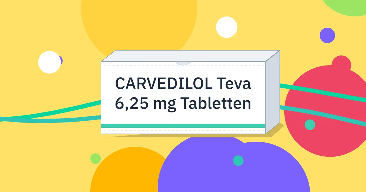 Symbolbild: Packung mit der Aufschrift CARVEDILOL Teva 6,25 mg Tabletten (PZN 01021642) – Verfügbarkeit und Bezug in Apotheken in Frankfurt am Main