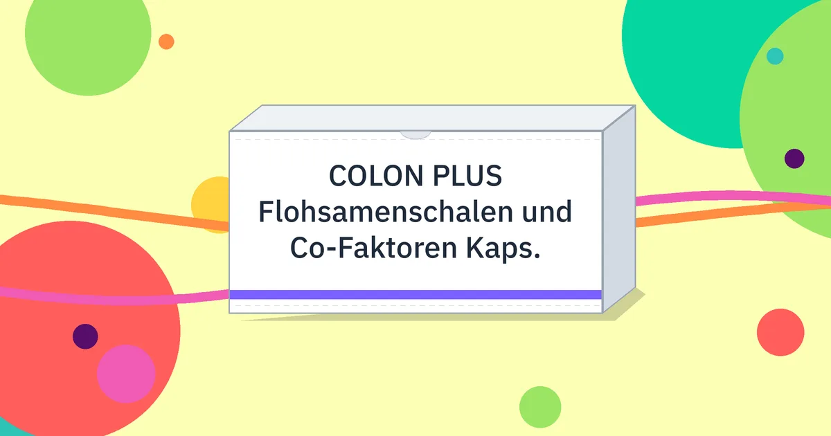 Symbolbild: Packung mit der Aufschrift COLON PLUS Flohsamenschalen und Co-Faktoren Kaps. (PZN 16942098) – Verfügbarkeit und Bezug in Apotheken in Frankfurt am Main