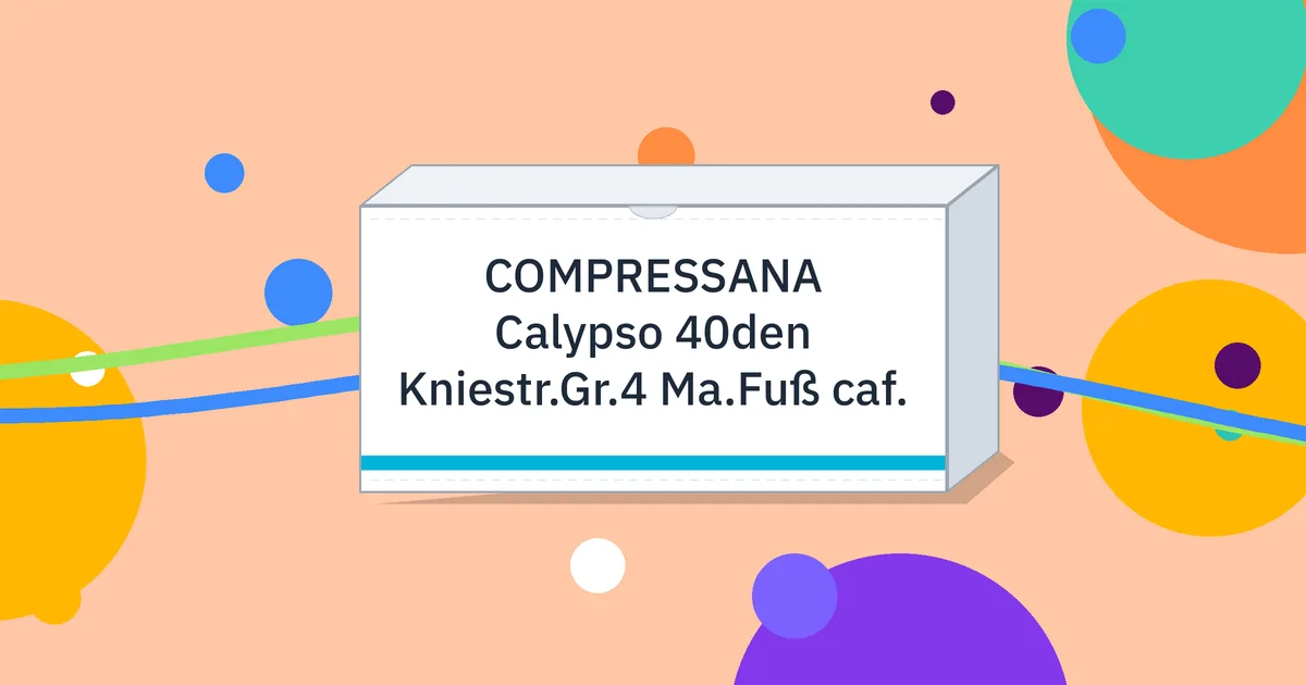 Symbolbild: Packung mit der Aufschrift COMPRESSANA Calypso 40den Kniestr.Gr.4 Ma.Fuß caf. (PZN 01880262) – Verfügbarkeit und Bezug in Apotheken in Frankfurt am Main