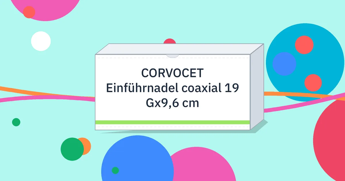 Symbolbild: Packung mit der Aufschrift CORVOCET Einführnadel coaxial 19 Gx9,6 cm (PZN 18764301) – Verfügbarkeit und Bezug in Apotheken in Frankfurt am Main