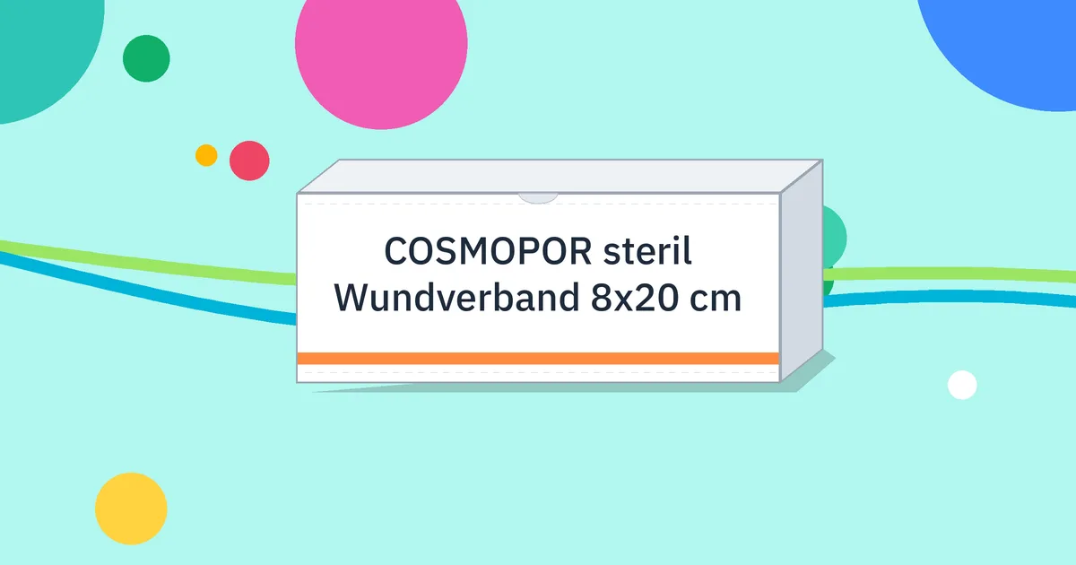 Symbolbild: Packung mit der Aufschrift COSMOPOR steril Wundverband 8x20 cm (PZN 00896373) – Verfügbarkeit und Bezug in Apotheken in Frankfurt am Main