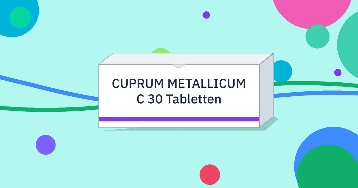 Symbolbild: Packung mit der Aufschrift CUPRUM METALLICUM C 30 Tabletten (PZN 07141620) – Verfügbarkeit und Bezug in Apotheken in Frankfurt am Main