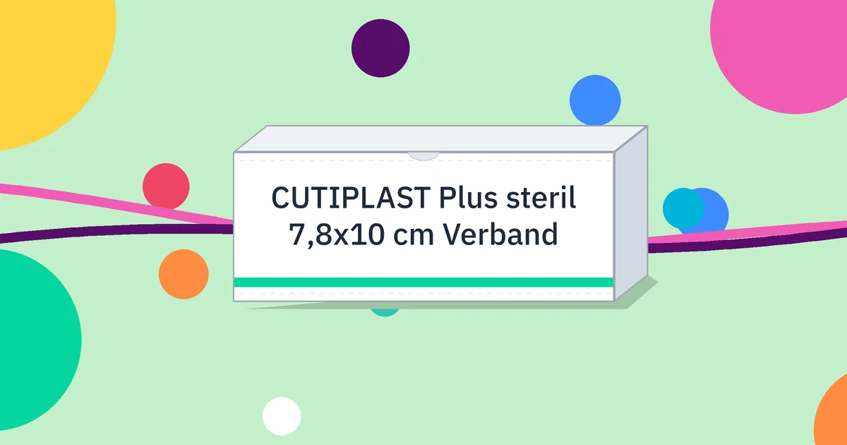 Symbolbild: Packung mit der Aufschrift CUTIPLAST Plus steril 7,8x10 cm Verband (PZN 12147872) – Verfügbarkeit und Bezug in Apotheken in Frankfurt am Main