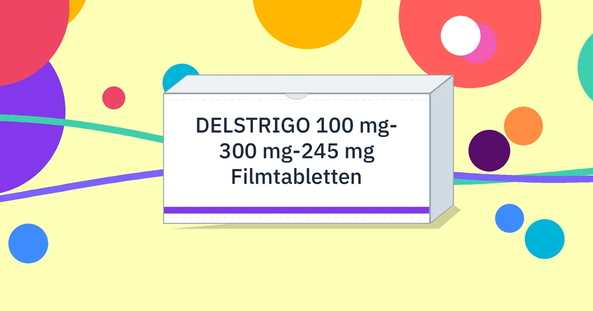 Symbolbild: Packung mit der Aufschrift DELSTRIGO 100 mg-300 mg-245 mg Filmtabletten (PZN 16239660) – Verfügbarkeit und Bezug in Apotheken in Frankfurt am Main