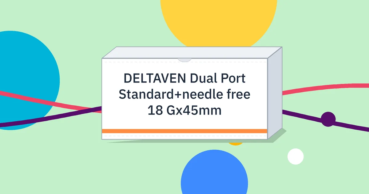 Symbolbild: Packung mit der Aufschrift DELTAVEN Dual Port Standard+needle free 18 Gx45mm (PZN 18873711) – Verfügbarkeit und Bezug in Apotheken in Frankfurt am Main
