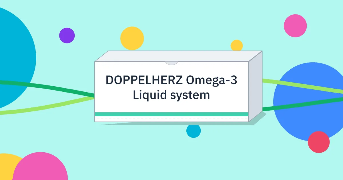 Symbolbild: Packung mit der Aufschrift DOPPELHERZ Omega-3 Liquid system (PZN 15638381) – Verfügbarkeit und Bezug in Apotheken in Frankfurt am Main