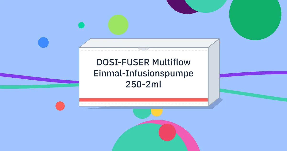 Symbolbild: Packung mit der Aufschrift DOSI-FUSER Multiflow Einmal-Infusionspumpe 250-2ml (PZN 06619060) – Verfügbarkeit und Bezug in Apotheken in Frankfurt am Main