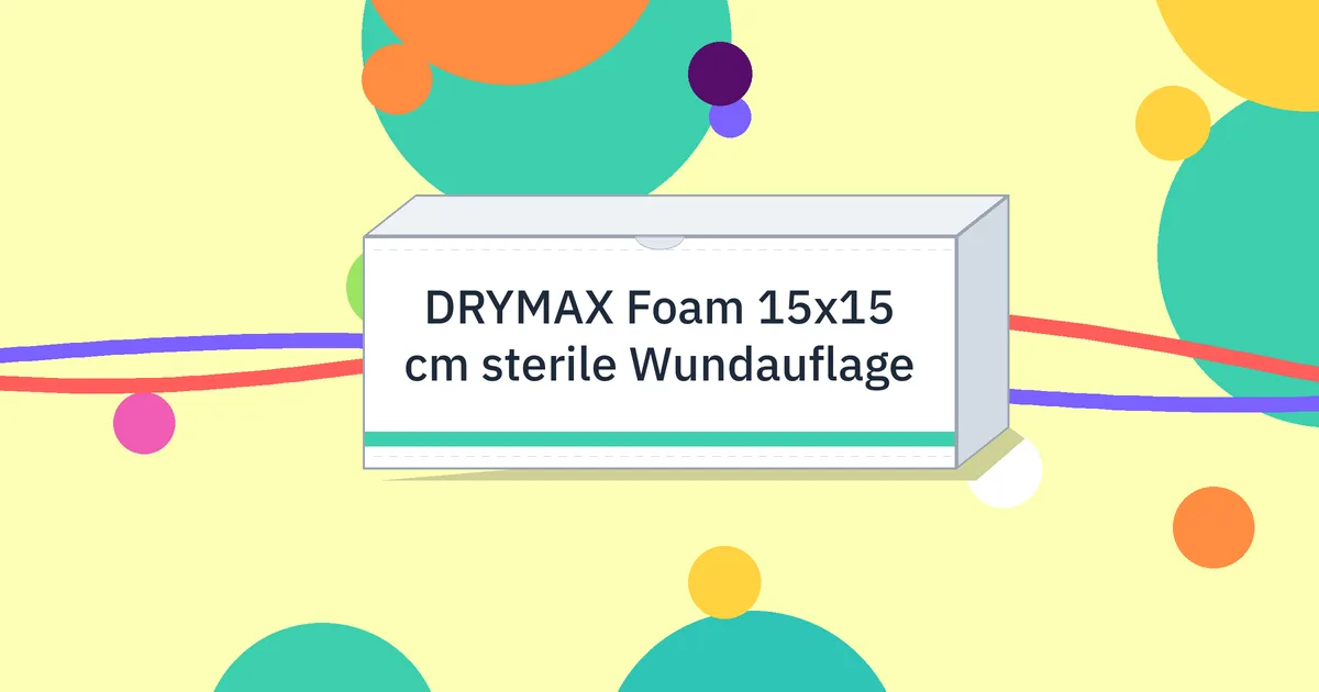 Symbolbild: Packung mit der Aufschrift DRYMAX Foam 15x15 cm sterile Wundauflage (PZN 17377134) – Verfügbarkeit und Bezug in Apotheken in Frankfurt am Main