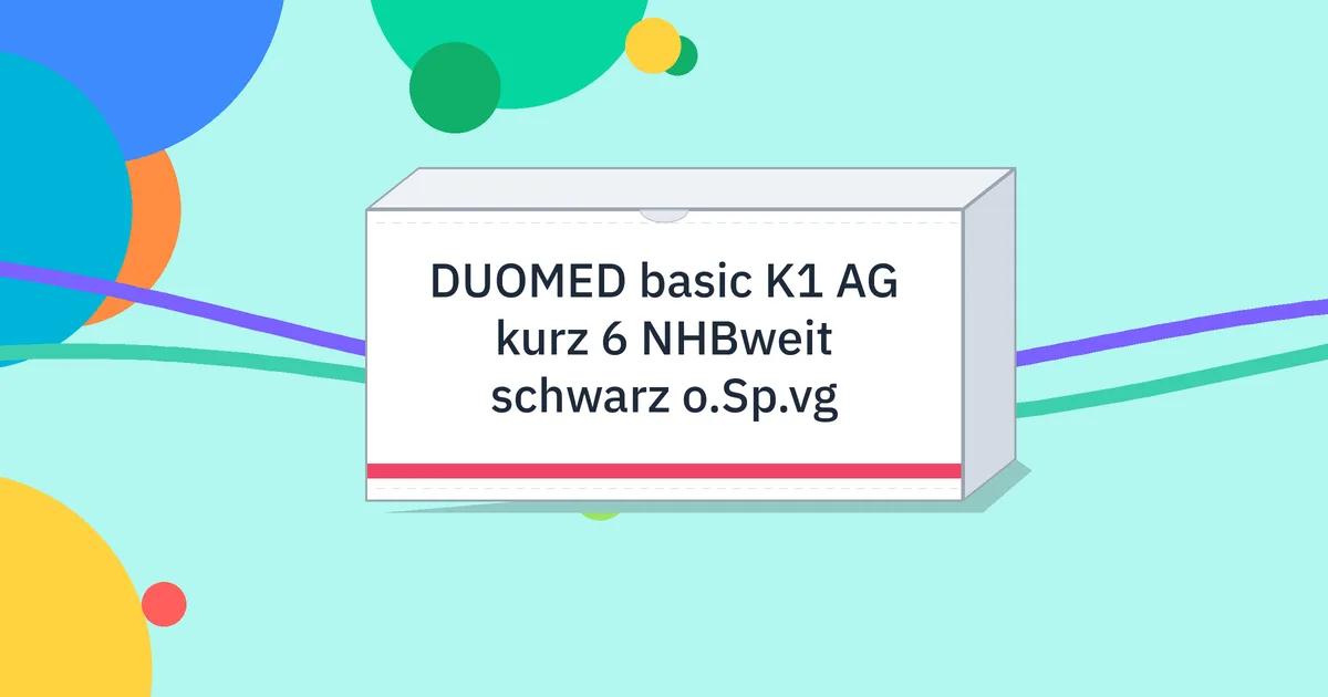 Symbolbild: Packung mit der Aufschrift DUOMED basic K1 AG kurz 6 NHBweit schwarz o.Sp.vg (PZN 20905111) – Verfügbarkeit und Bezug in Apotheken in Frankfurt am Main