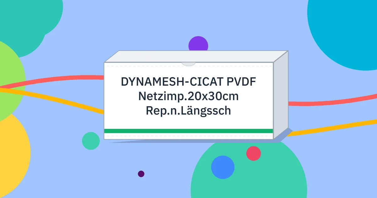 Symbolbild: Packung mit der Aufschrift DYNAMESH-CICAT PVDF Netzimp.20x30cm Rep.n.Längssch (PZN 19389874) – Verfügbarkeit und Bezug in Apotheken in Frankfurt am Main
