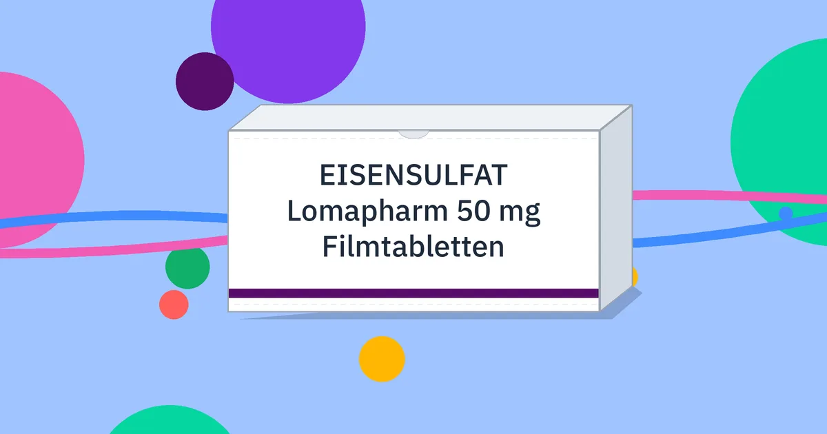 Symbolbild: Packung mit der Aufschrift EISENSULFAT Lomapharm 50 mg Filmtabletten (PZN 01713400) – Verfügbarkeit und Bezug in Apotheken in Frankfurt am Main