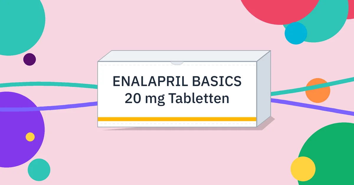 Symbolbild: Packung mit der Aufschrift ENALAPRIL BASICS 20 mg Tabletten (PZN 07129257) – Verfügbarkeit und Bezug in Apotheken in Frankfurt am Main