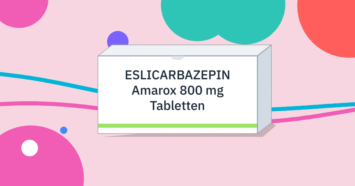 Symbolbild: Packung mit der Aufschrift ESLICARBAZEPIN Amarox 800 mg Tabletten (PZN 19155343) – Verfügbarkeit und Bezug in Apotheken in Frankfurt am Main