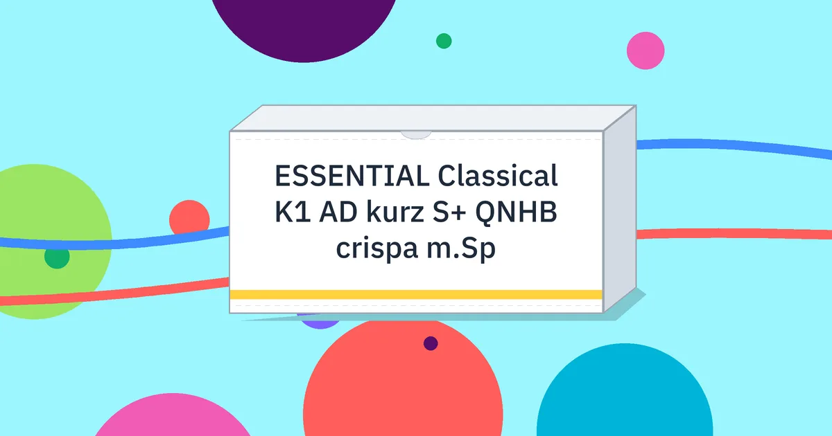 Symbolbild: Packung mit der Aufschrift ESSENTIAL Classical K1 AD kurz S+ QNHB crispa m.Sp (PZN 18867018) – Verfügbarkeit und Bezug in Apotheken in Frankfurt am Main