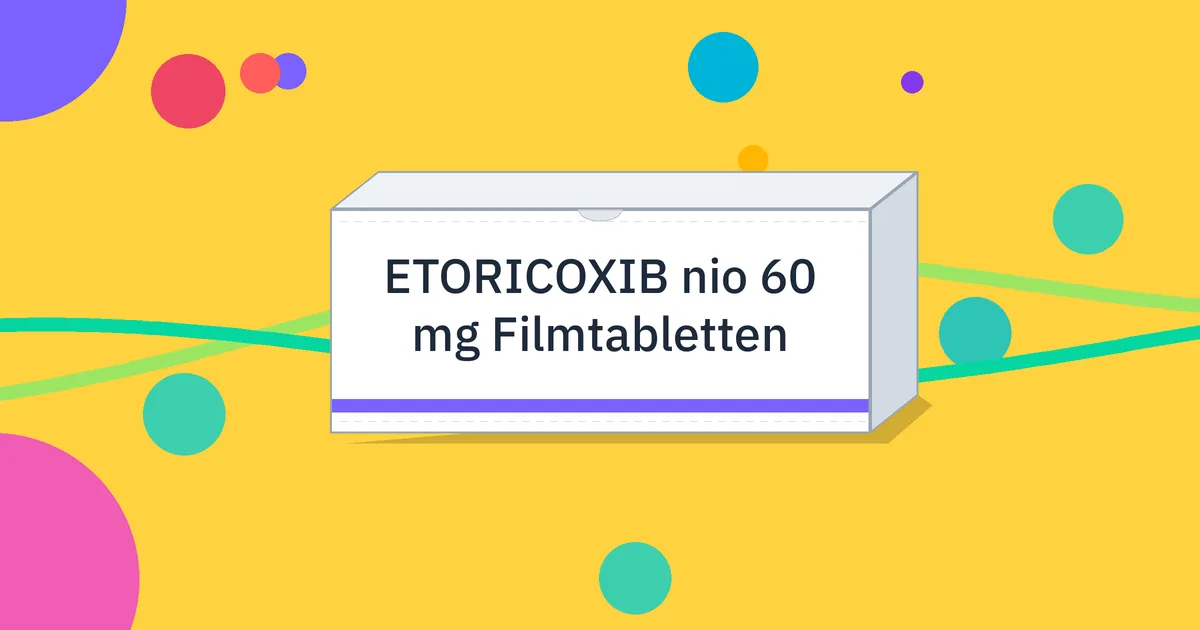 Symbolbild: Packung mit der Aufschrift ETORICOXIB nio 60 mg Filmtabletten (PZN 20348047) – Verfügbarkeit und Bezug in Apotheken in Frankfurt am Main