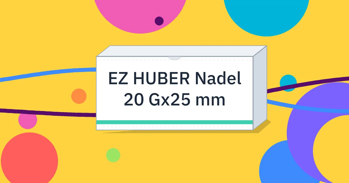 Symbolbild: Packung mit der Aufschrift EZ HUBER Nadel 20 Gx25 mm (PZN 05036988) – Verfügbarkeit und Bezug in Apotheken in Frankfurt am Main