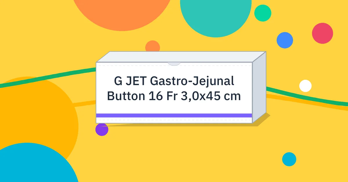 Symbolbild: Packung mit der Aufschrift G JET Gastro-Jejunal Button 16 Fr 3,0x45 cm (PZN 14343212) – Verfügbarkeit und Bezug in Apotheken in Frankfurt am Main