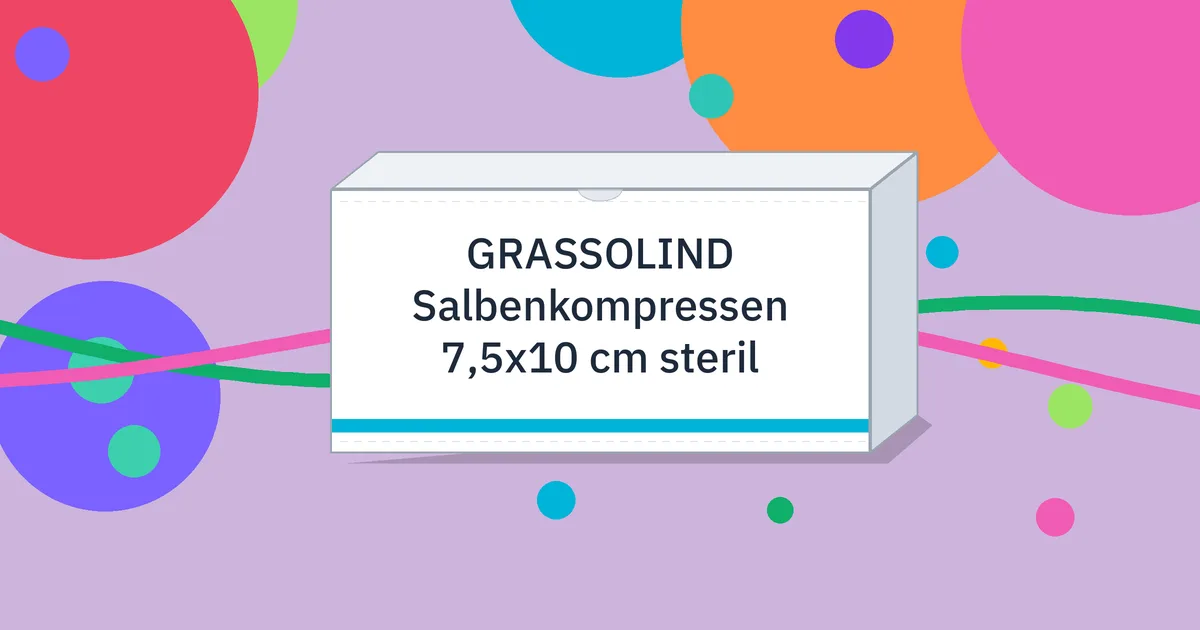 Symbolbild: Packung mit der Aufschrift GRASSOLIND Salbenkompressen 7,5x10 cm steril (PZN 18715857) – Verfügbarkeit und Bezug in Apotheken in Frankfurt am Main