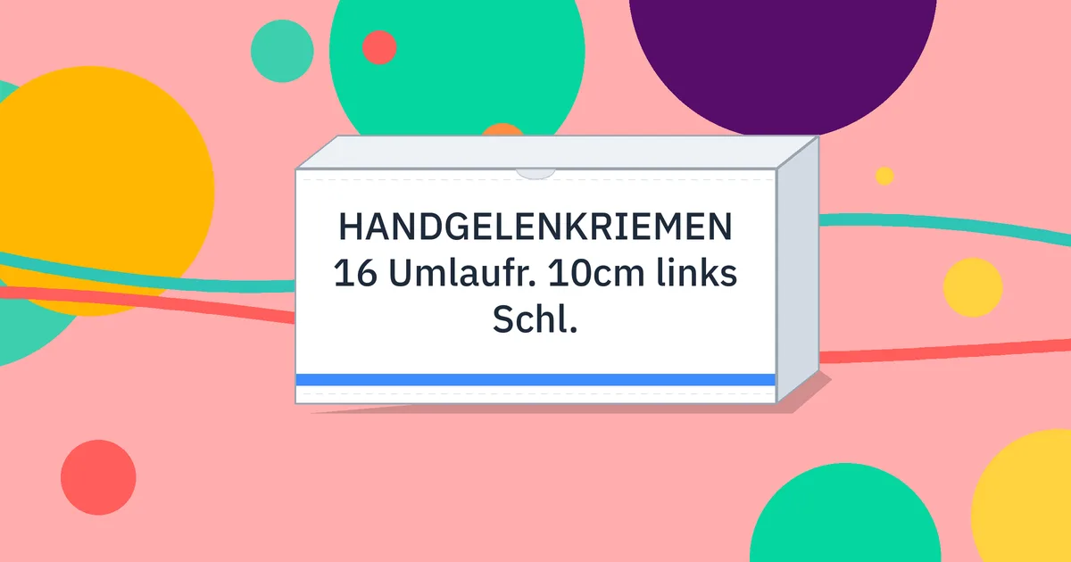 Symbolbild: Packung mit der Aufschrift HANDGELENKRIEMEN 16 Umlaufr. 10cm links Schl. (PZN 01963143) – Verfügbarkeit und Bezug in Apotheken in Frankfurt am Main