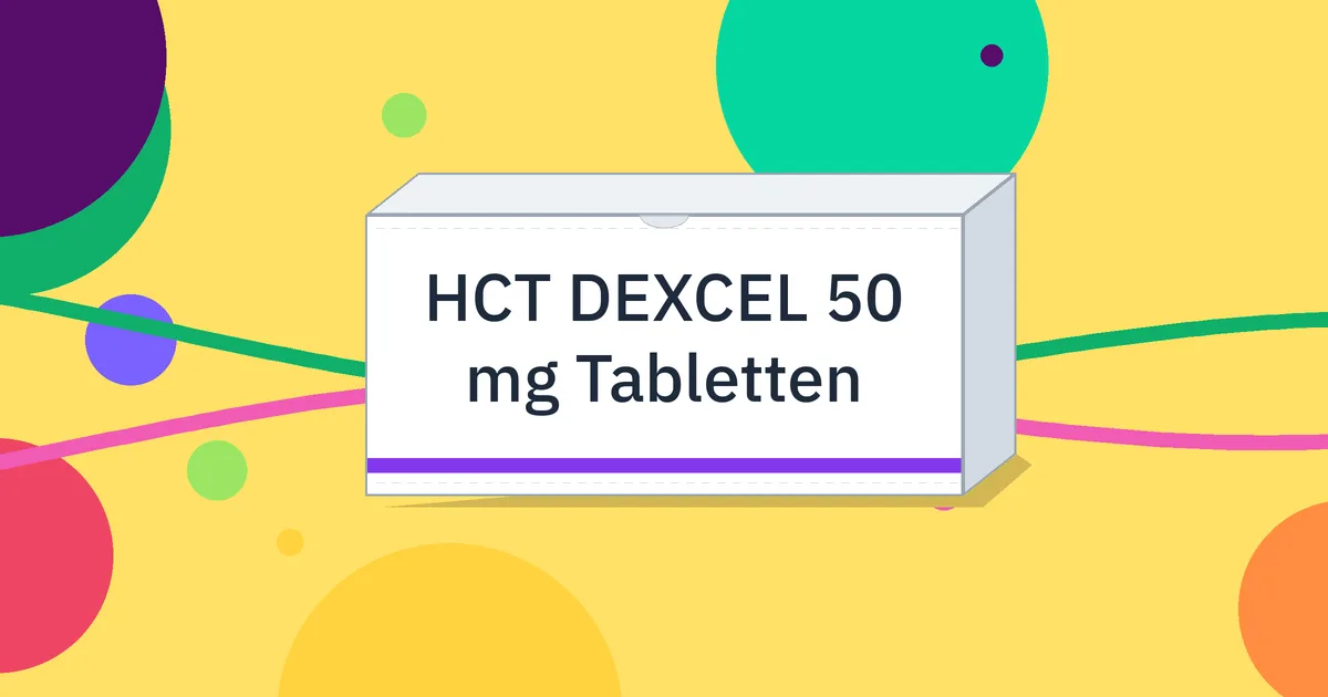 Symbolbild: Packung mit der Aufschrift HCT DEXCEL 50 mg Tabletten (PZN 08454657) – Verfügbarkeit und Bezug in Apotheken in Frankfurt am Main