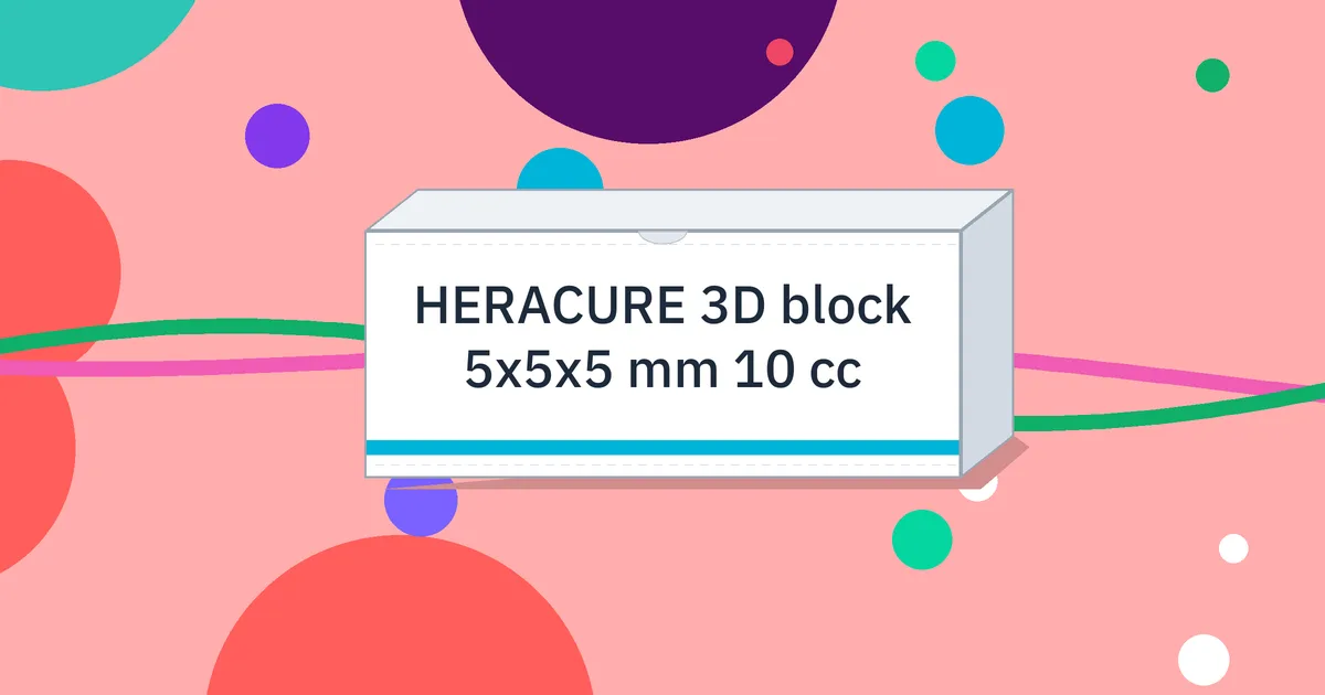 Symbolbild: Packung mit der Aufschrift HERACURE 3D block 5x5x5 mm 10 cc (PZN 20926797) – Verfügbarkeit und Bezug in Apotheken in Frankfurt am Main