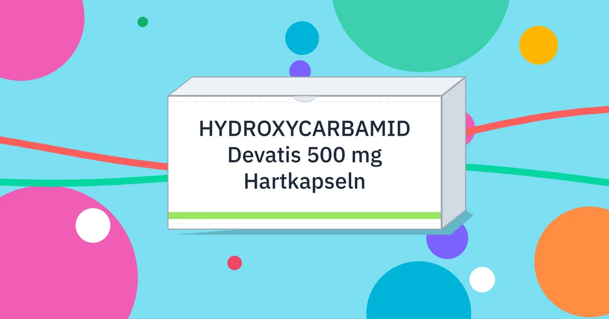 Symbolbild: Packung mit der Aufschrift HYDROXYCARBAMID Devatis 500 mg Hartkapseln (PZN 15613174) – Verfügbarkeit und Bezug in Apotheken in Frankfurt am Main