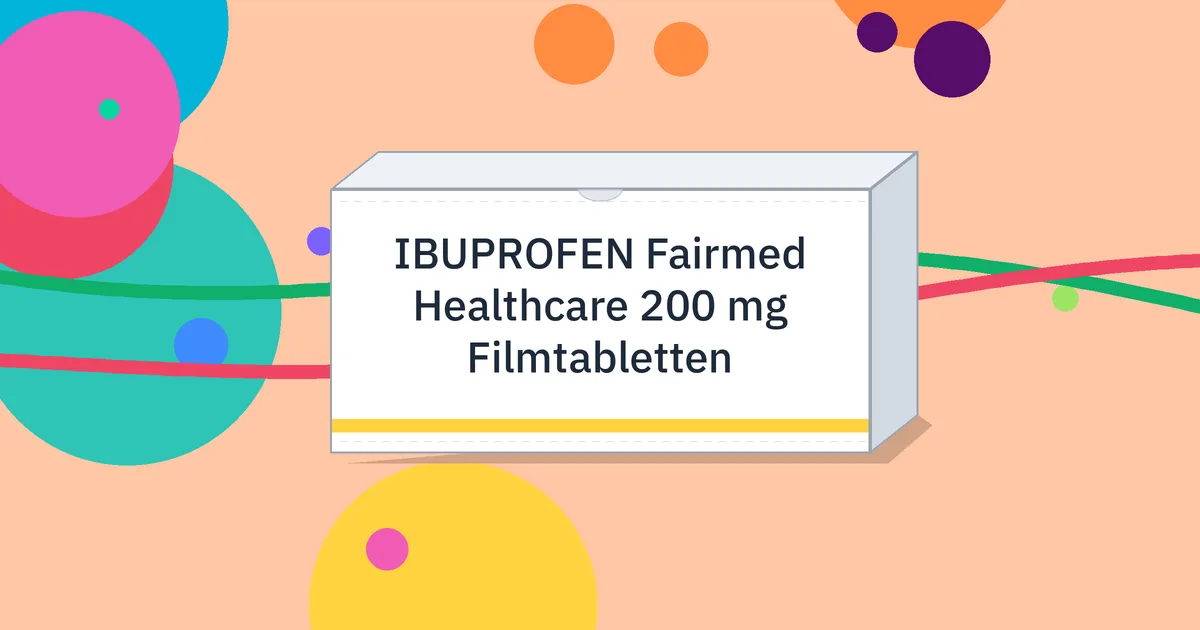 Symbolbild: Packung mit der Aufschrift IBUPROFEN Fairmed Healthcare 200 mg Filmtabletten (PZN 19104771) – Verfügbarkeit und Bezug in Apotheken in Frankfurt am Main