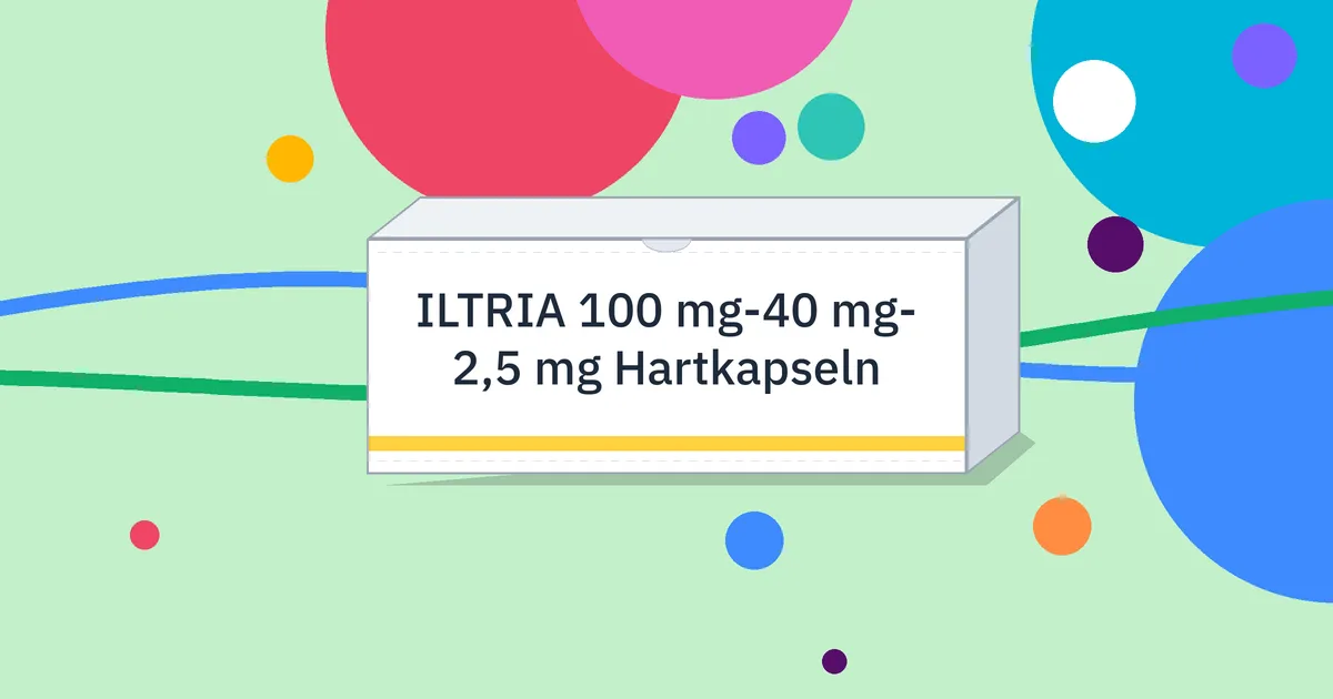 Symbolbild: Packung mit der Aufschrift ILTRIA 100 mg-40 mg-2,5 mg Hartkapseln (PZN 13359955) – Verfügbarkeit und Bezug in Apotheken in Frankfurt am Main
