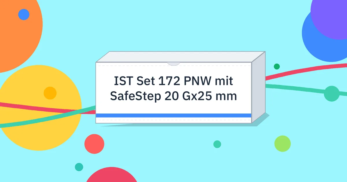 Symbolbild: Packung mit der Aufschrift IST Set 172 PNW mit SafeStep 20 Gx25 mm (PZN 16488481) – Verfügbarkeit und Bezug in Apotheken in Frankfurt am Main