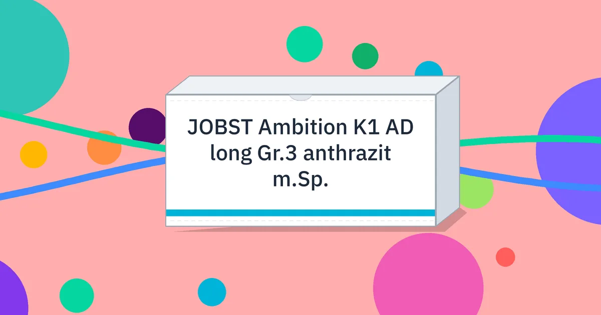 Symbolbild: Packung mit der Aufschrift JOBST Ambition K1 AD long Gr.3 anthrazit m.Sp. (PZN 11019741) – Verfügbarkeit und Bezug in Apotheken in Frankfurt am Main