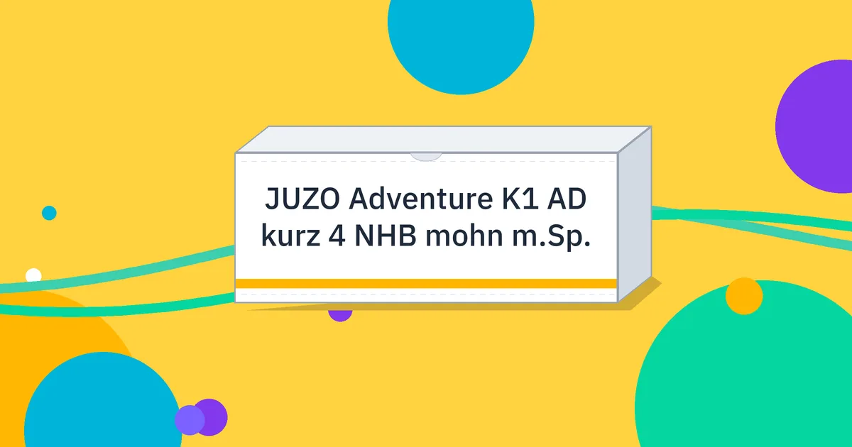 Symbolbild: Packung mit der Aufschrift JUZO Adventure K1 AD kurz 4 NHB mohn m.Sp. (PZN 14975194) – Verfügbarkeit und Bezug in Apotheken in Frankfurt am Main