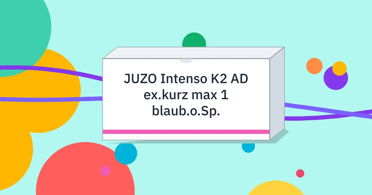 Symbolbild: Packung mit der Aufschrift JUZO Intenso K2 AD ex.kurz max 1 blaub.o.Sp. (PZN 18617497) – Verfügbarkeit und Bezug in Apotheken in Frankfurt am Main