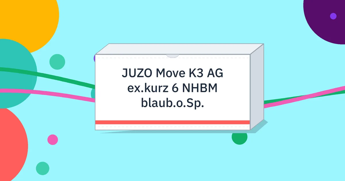 Symbolbild: Packung mit der Aufschrift JUZO Move K3 AG ex.kurz 6 NHBM blaub.o.Sp. (PZN 18596499) – Verfügbarkeit und Bezug in Apotheken in Frankfurt am Main